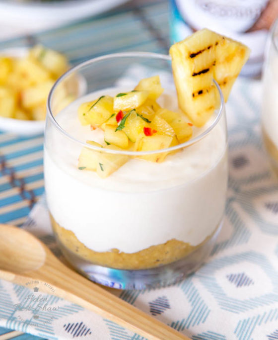 White chocolate piña colada yogurt puddings with pineapple salsa