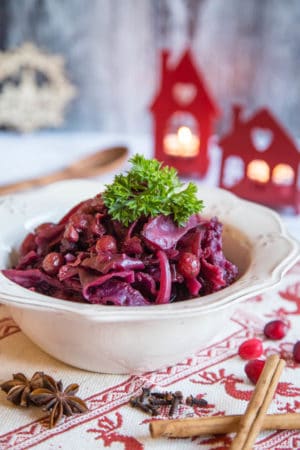 Slow cooker red cabbage with cranberries. Vegan. Gluten Free.