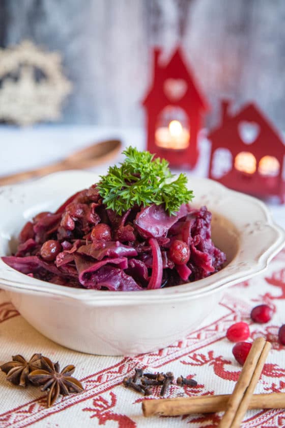 Slow cooker red cabbage with cranberries. Vegan. Gluten Free.