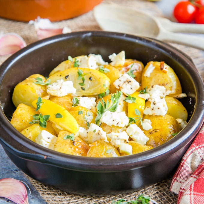 Easy Greek Lemon Potatoes with Feta & Oregano - Helen's Fuss Free Flavours